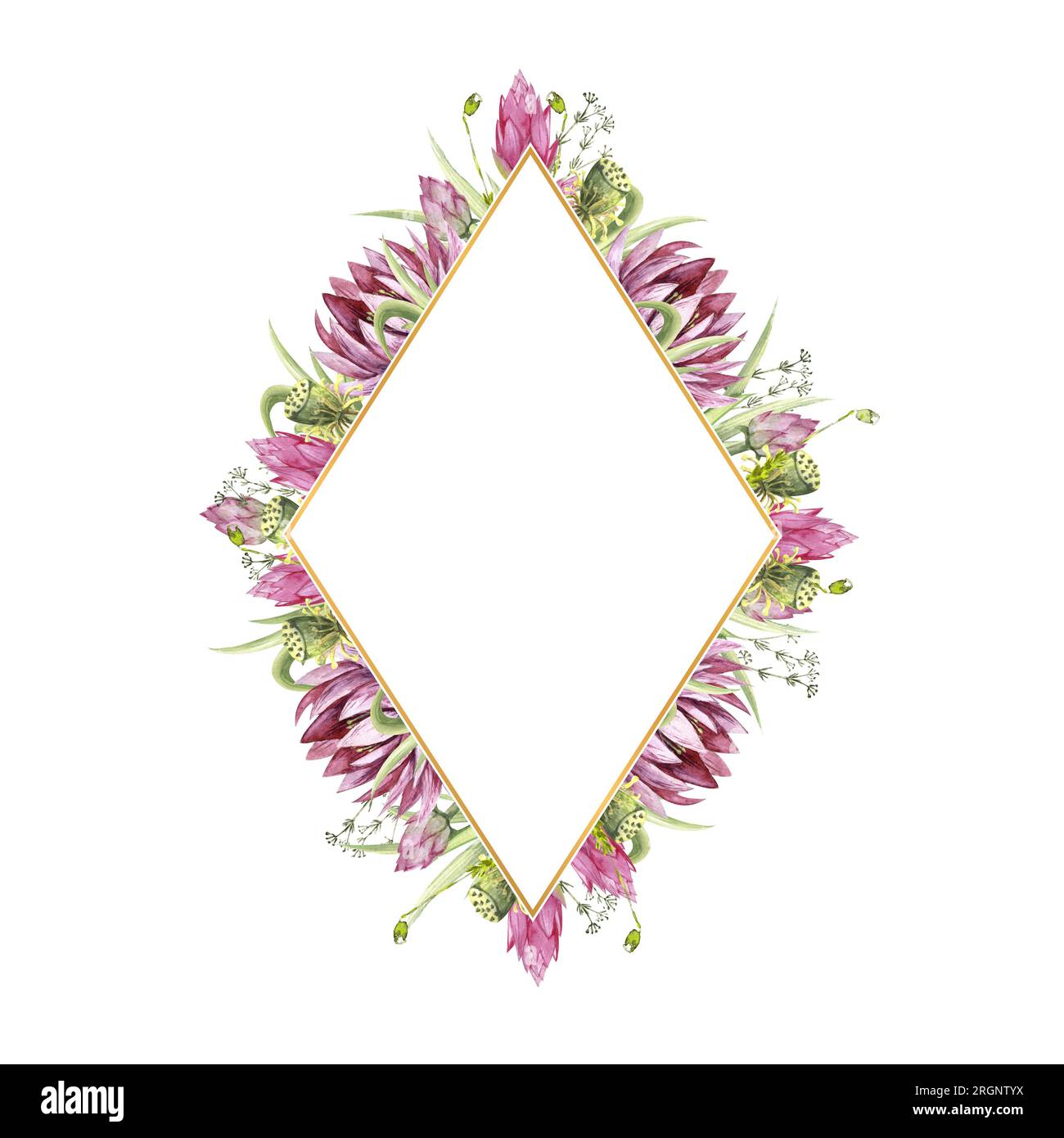 A diamond-shaped frame with flowers of water lilies and wild forest ...