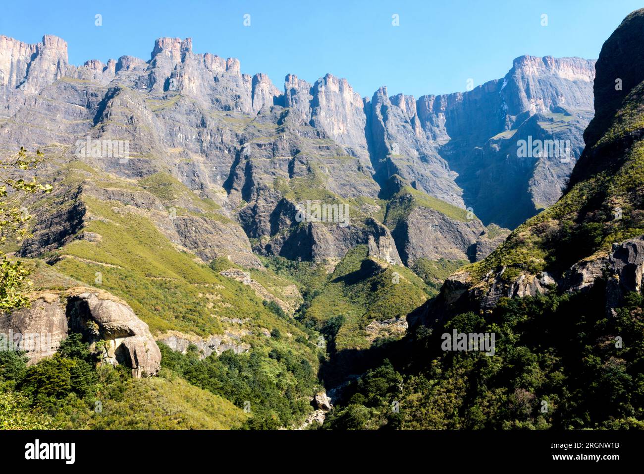 View of frozen Tugela Falls in the Amphitheatre area in the Drakensberg ...