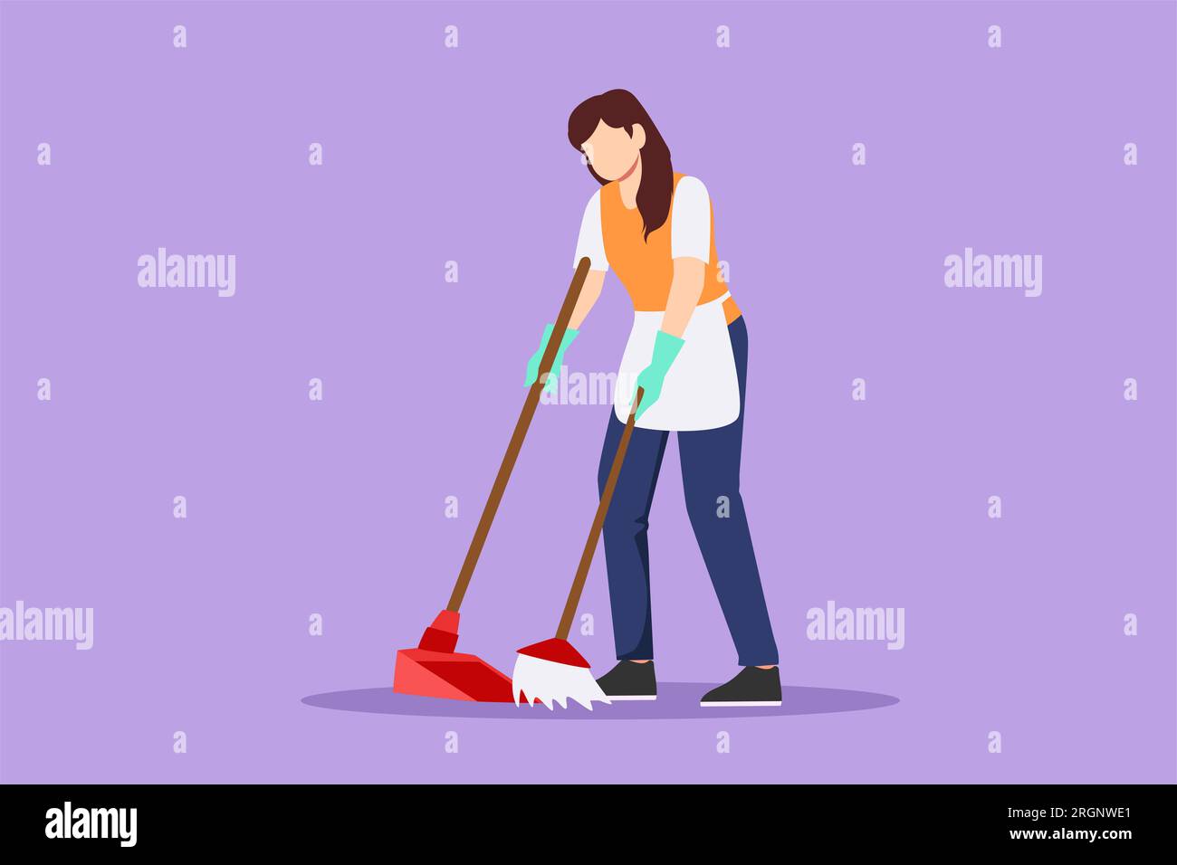 Cartoon Flat Style Drawing Housekeeping Girl Worker With Broom Dustpan