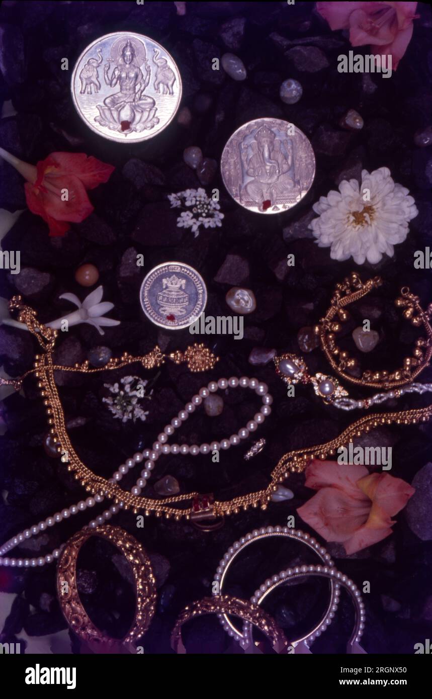 Silver Coins, Motifs with God Goddess Embossed, India Stock Photo - Alamy