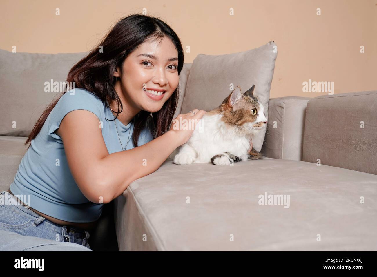 Pretty Asian woman hug a cat and sit on couch with happy emotion ...