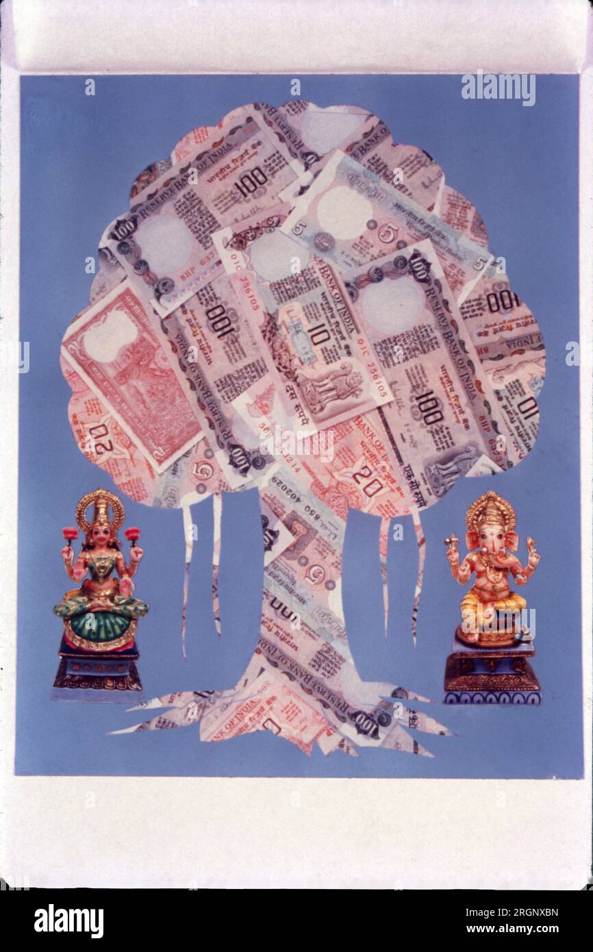 Money Tree, With Indian Currency Notes and God-Goddess, Laxmi & Ganesh ...