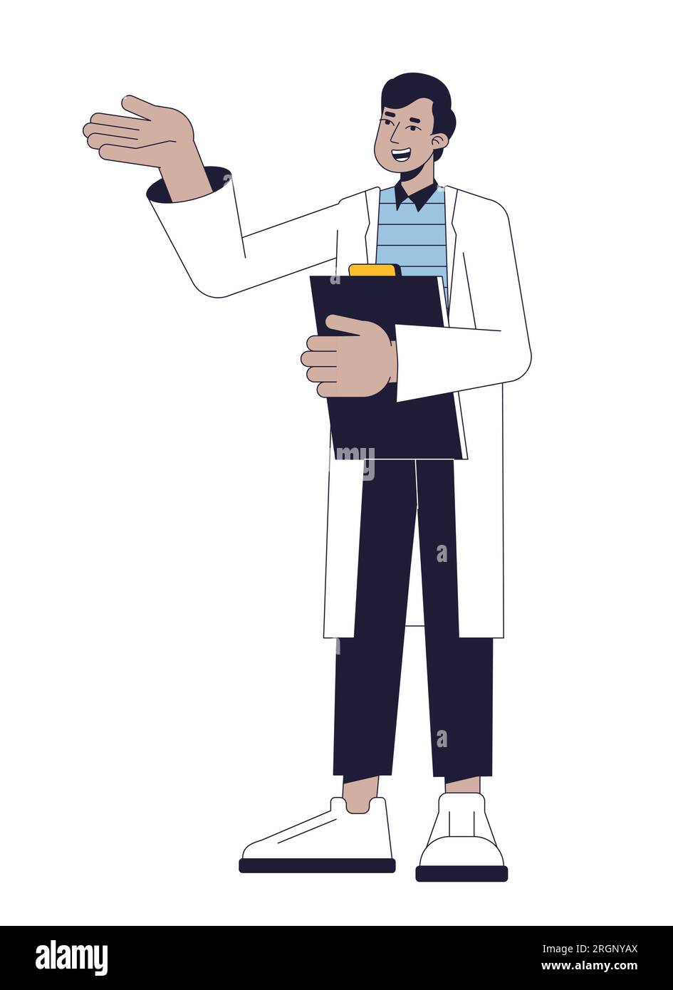 Indian male scientist with document flat line color vector character ...