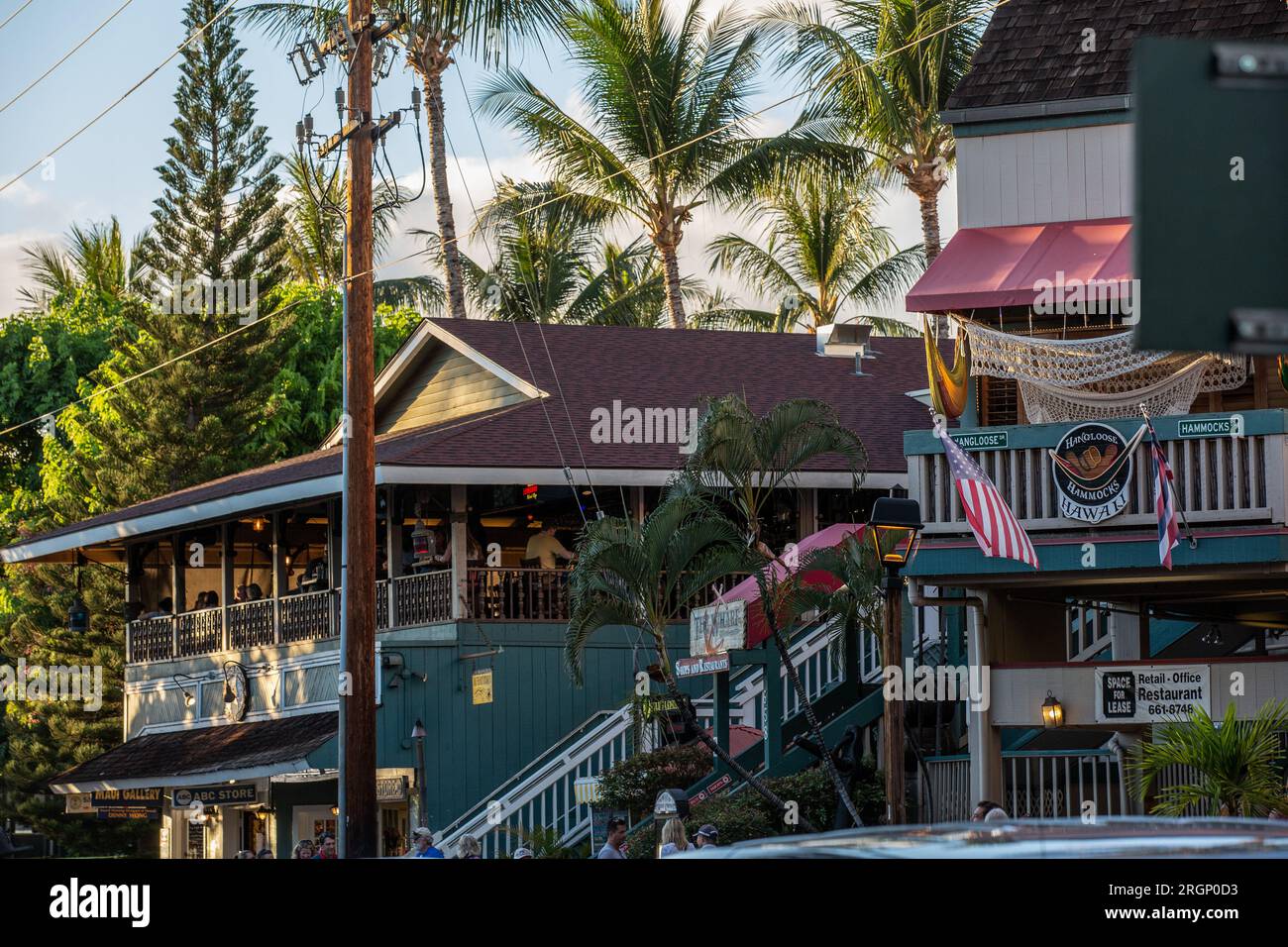 LAHAINA, MAUI, HAWAII, USA - July 21 2029 - Restaurants and shops on ...