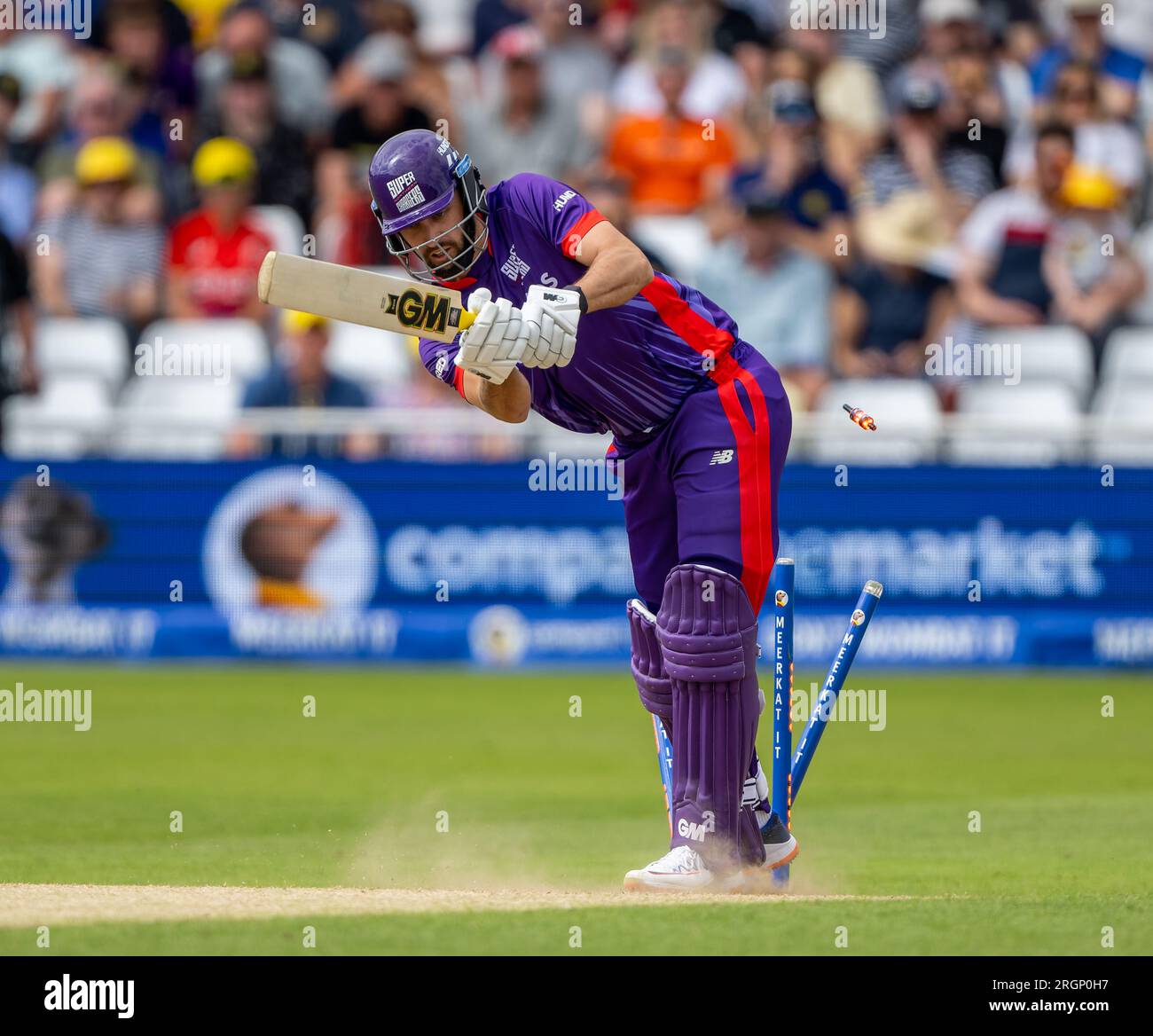 Matthew Short batting for Northern Superchargers is bowled by Luke Wood ...