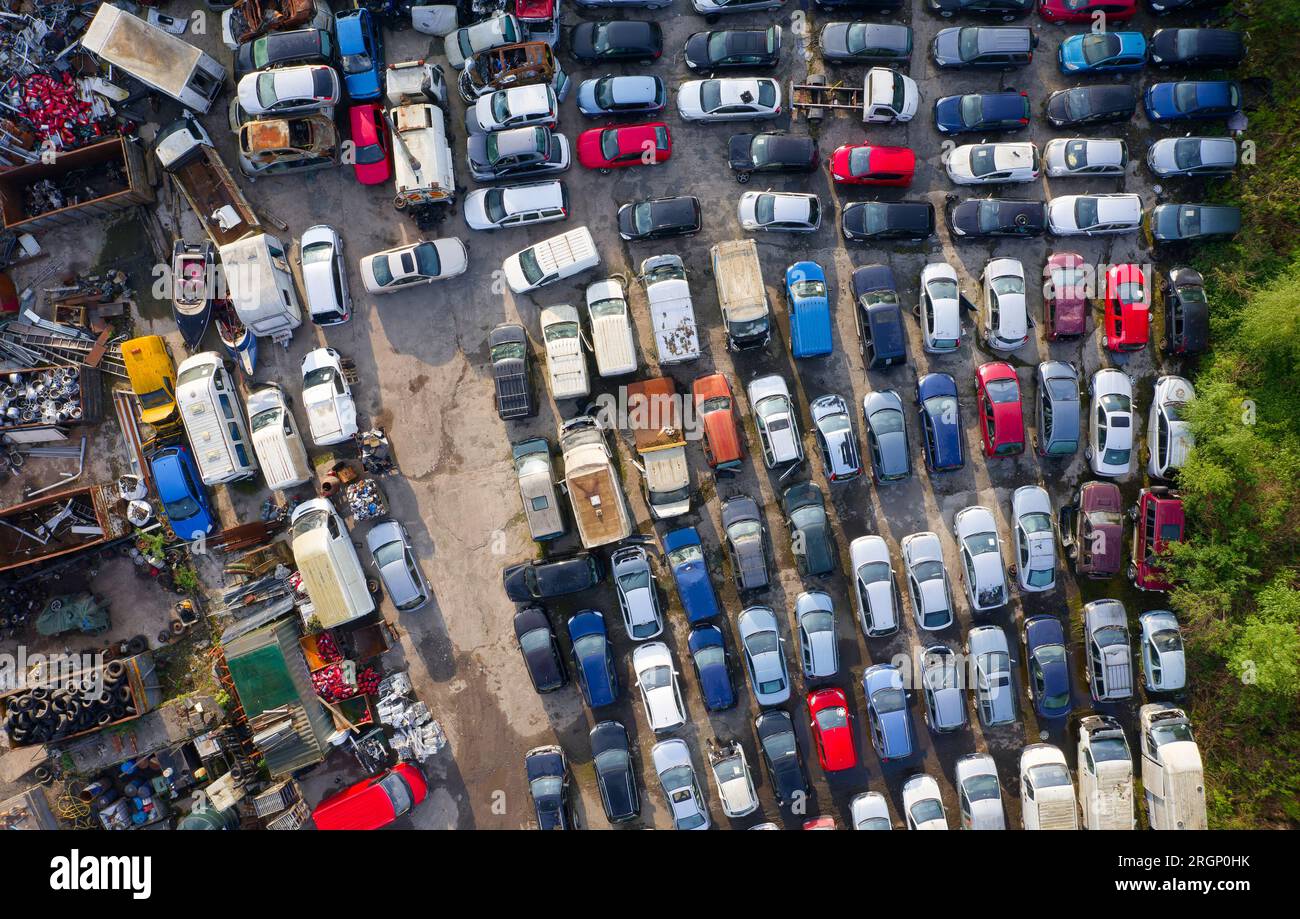 Car compound for scrap metal recycling viewed from above Stock Photo ...