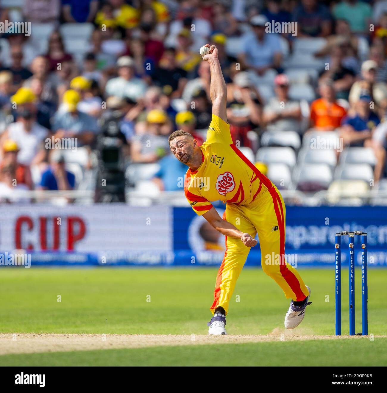 Daniel Sams of Trent Rockets bowling in The Hundred between Trent ...