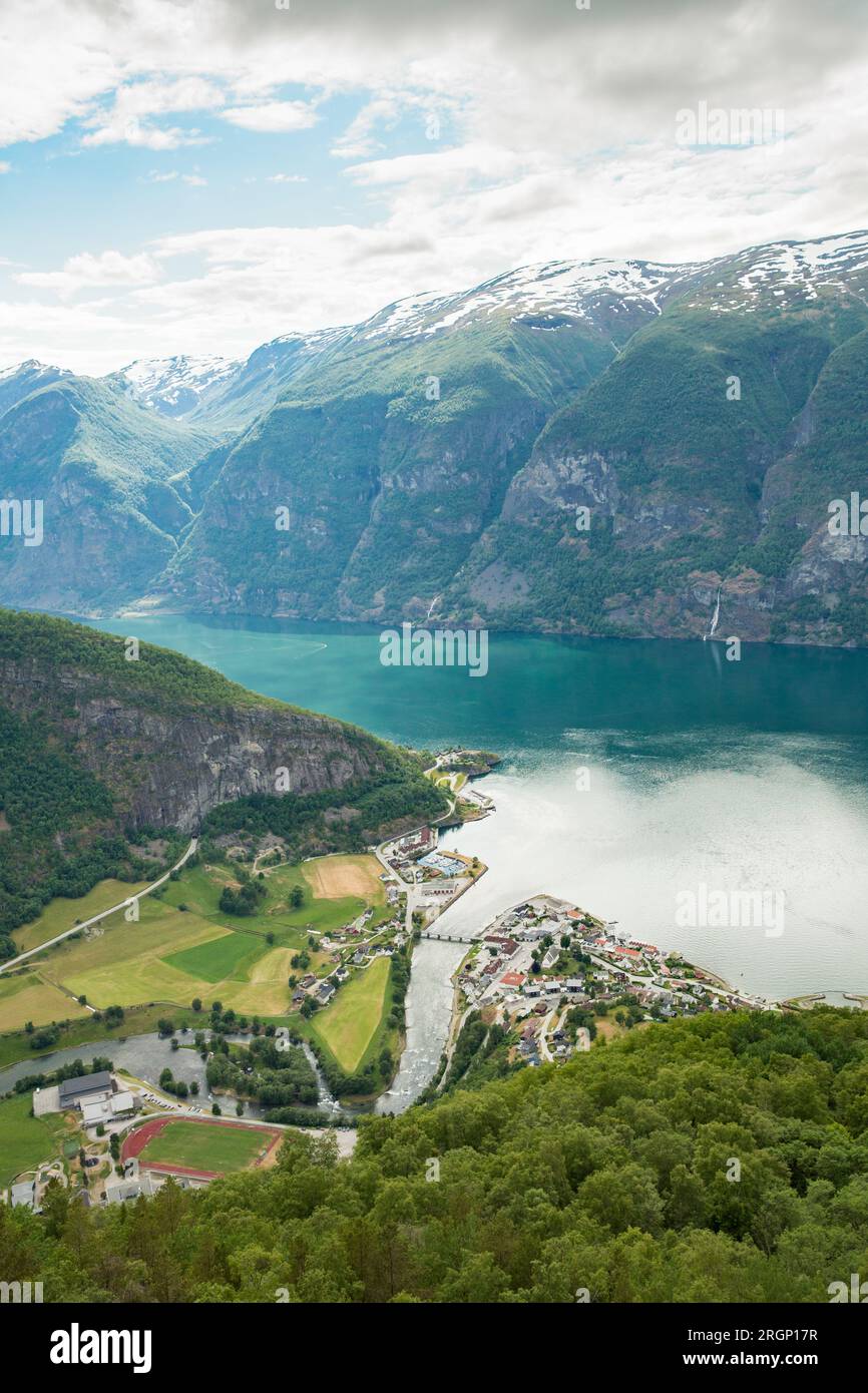 View from Stegastein viewpoint on the picturesque town of Flam in the ...