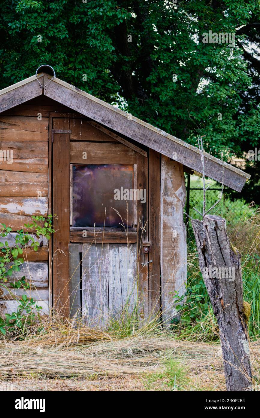 Pretty self-built wooden cabin in a wooded garden Stock Photo - Alamy