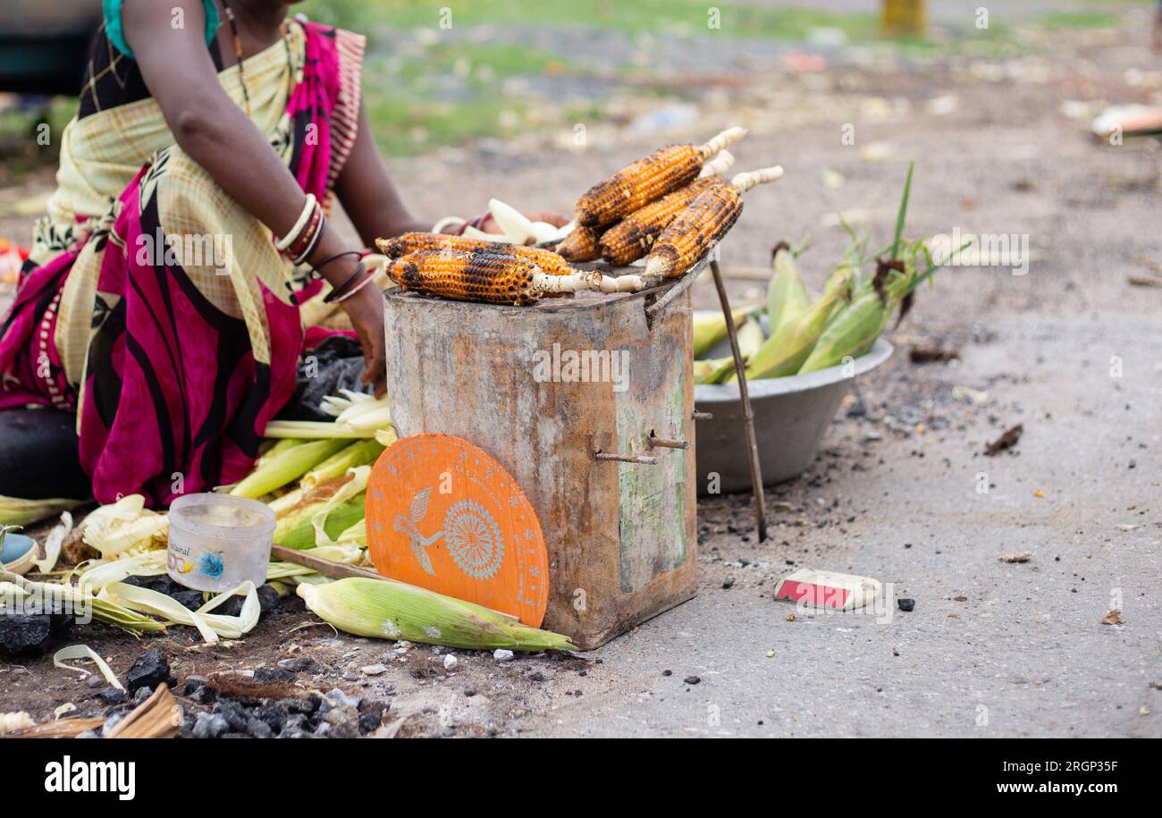 Ranchi, Jharkhand, India - July 20th 2023: An Indian poor woman selling ...
