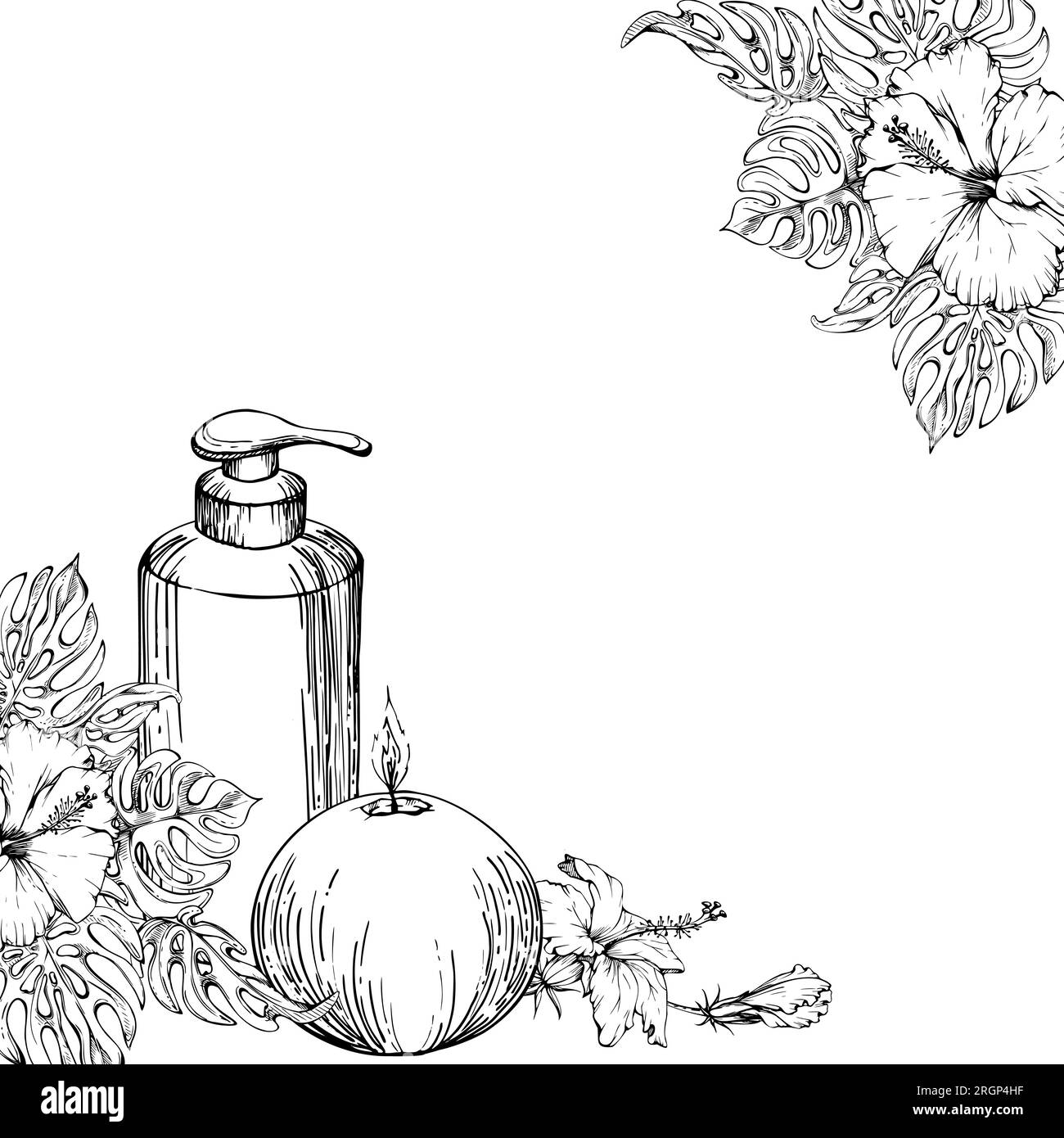 Hand drawn vector ink spa skincare bath beauty products package with ...