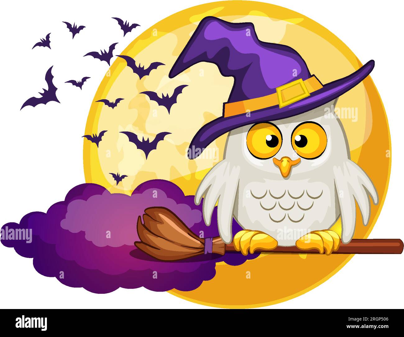 Cute owl in a purple witch hat with a night moon background with bats ...