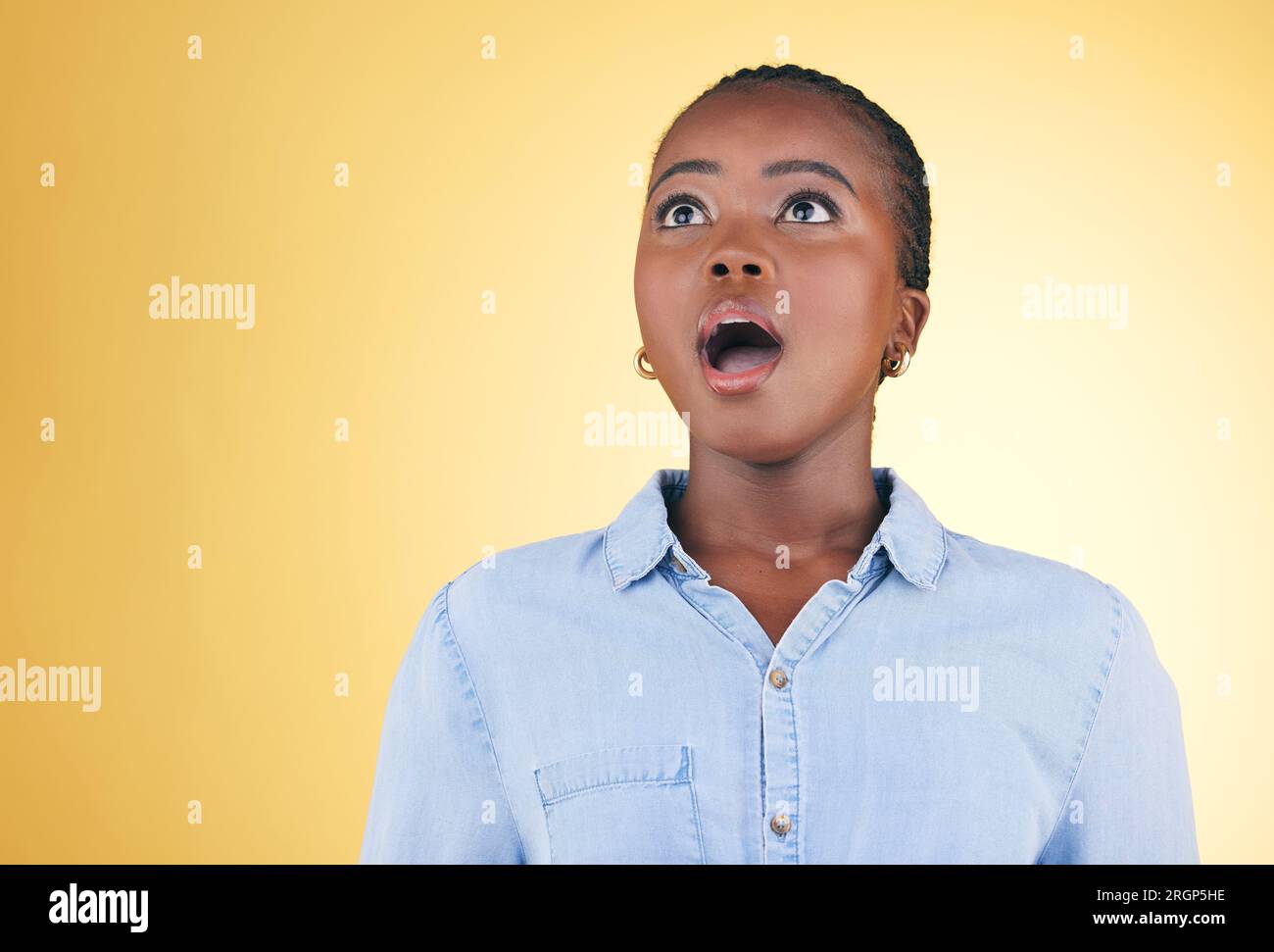 Surprise, wow or face of black woman in studio on yellow background amazed by retail discount ...