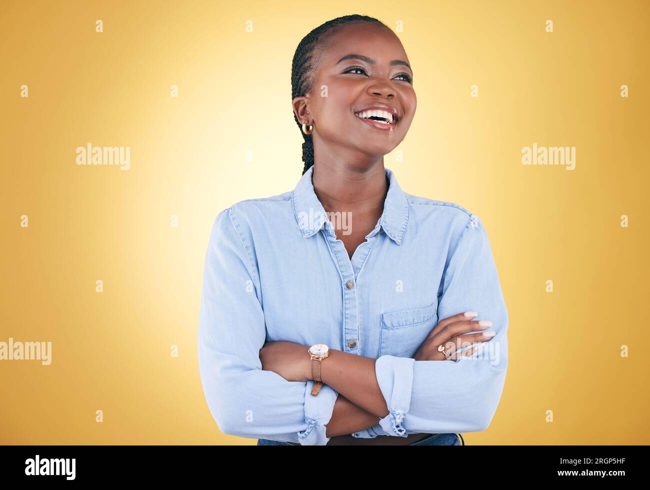 Thinking, smile and happy black woman confident arms crossed isolated ...