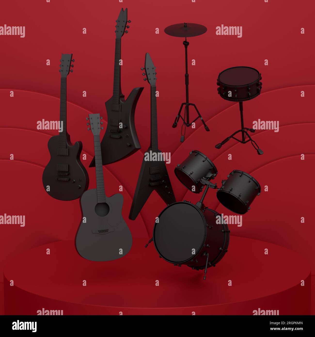 Acoustic guitars and drums with cymbals on podium or pedestal on ...