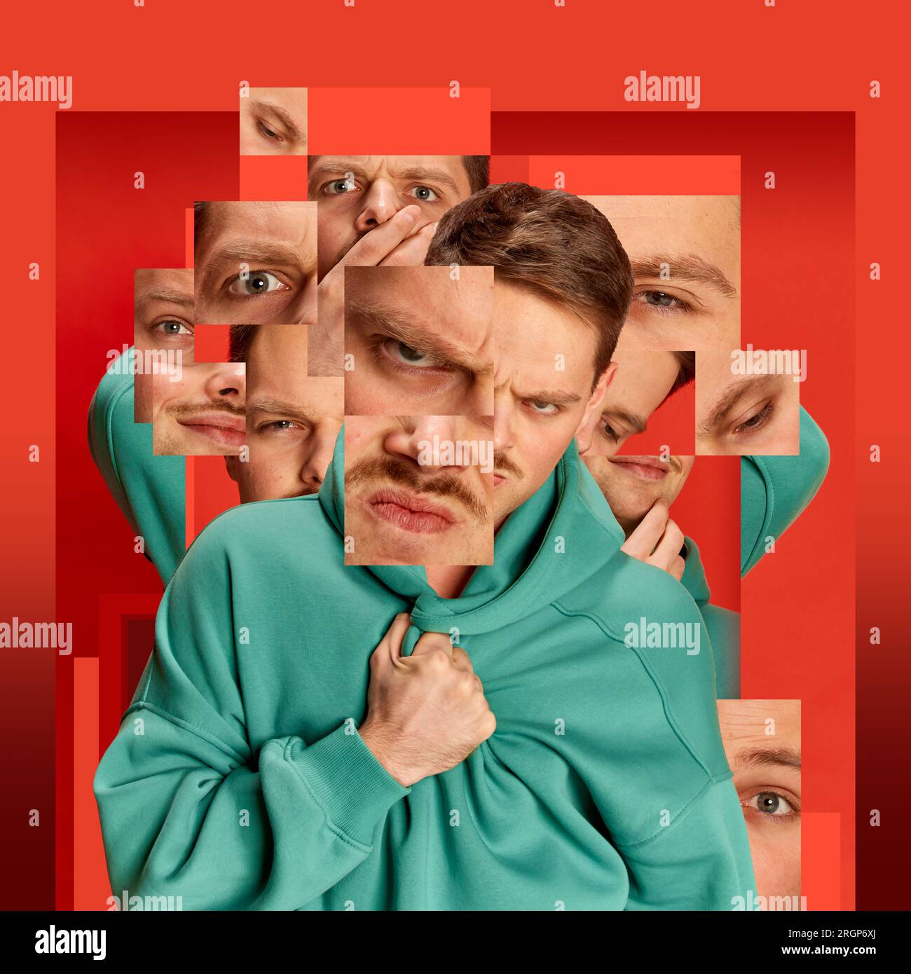 Young man showing various emotions of happiness, anger, irritation and ...