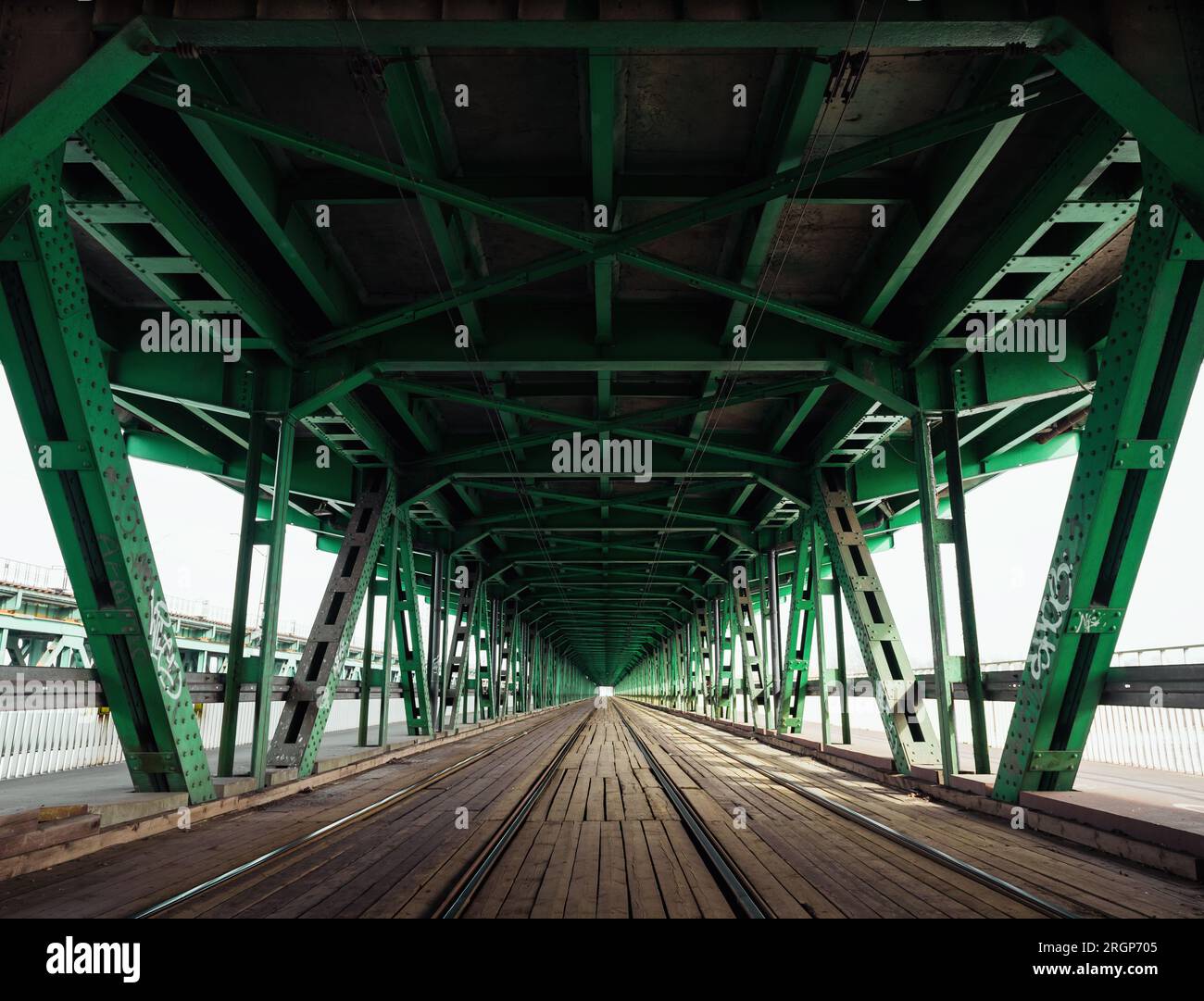 Green perspective - vanishing point. Gdanski metal truss bridge with ...