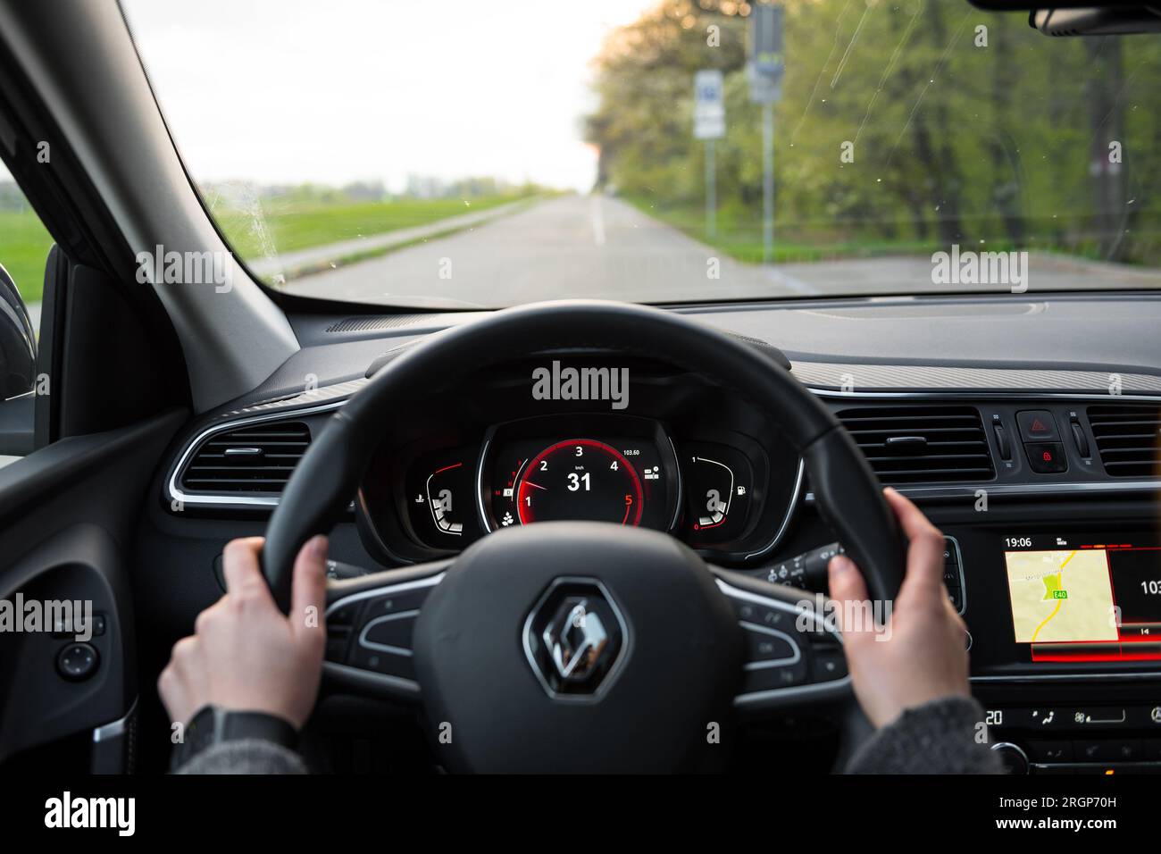 First person view of driving a car on countryside roads. First person ...
