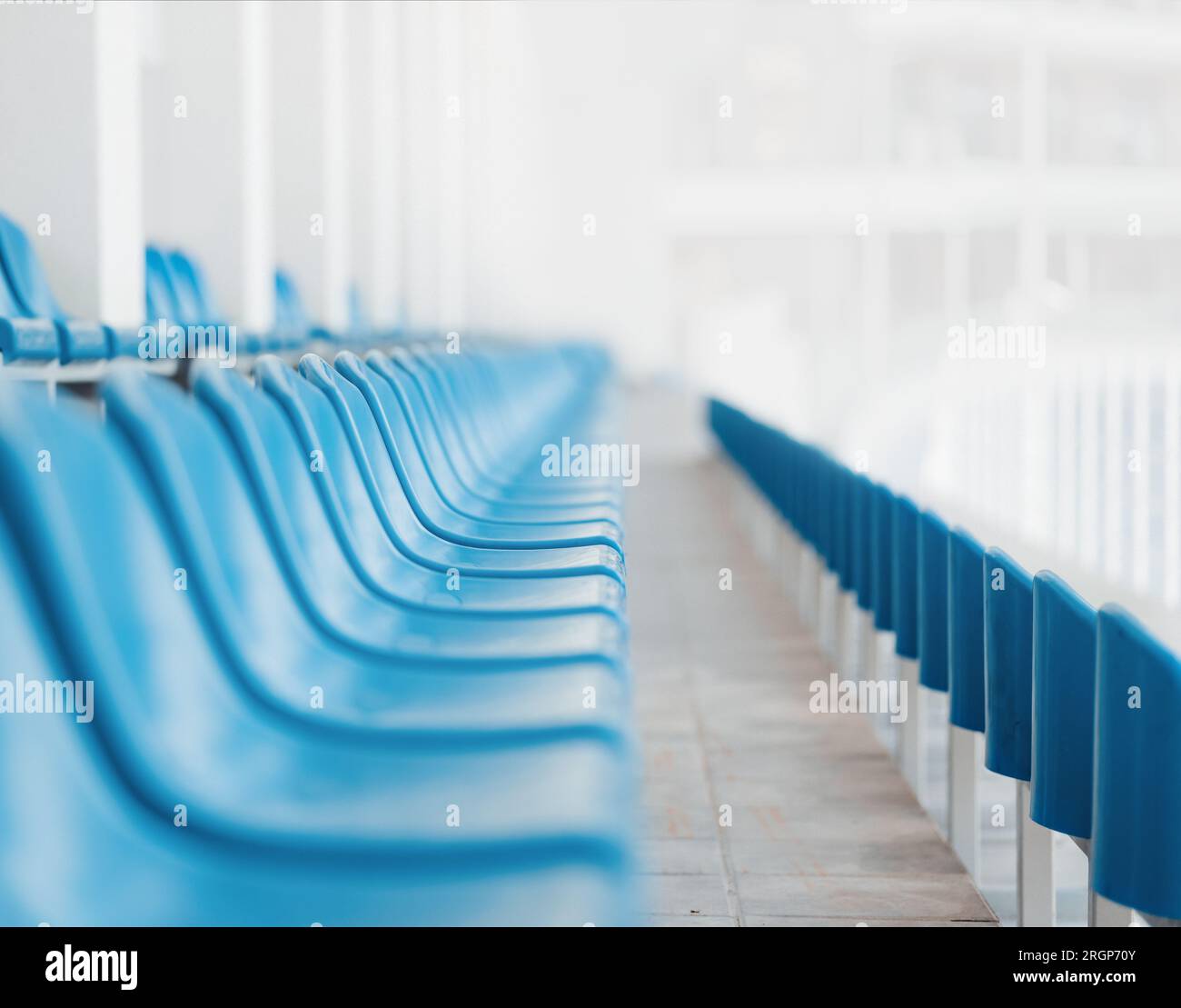 Rows of blue seats with numbers in a stadium. Perspective vanishing ...