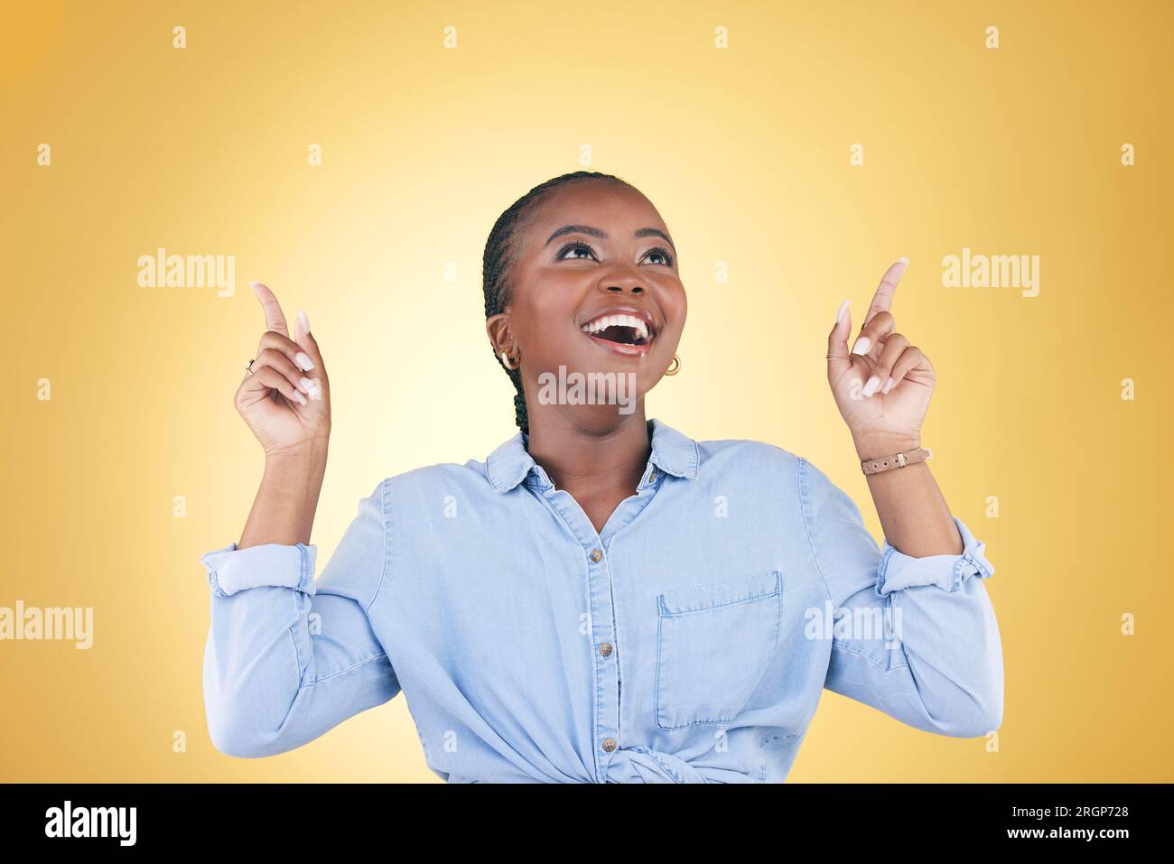 Black woman, excited and surprise, pointing up and advertising with ...
