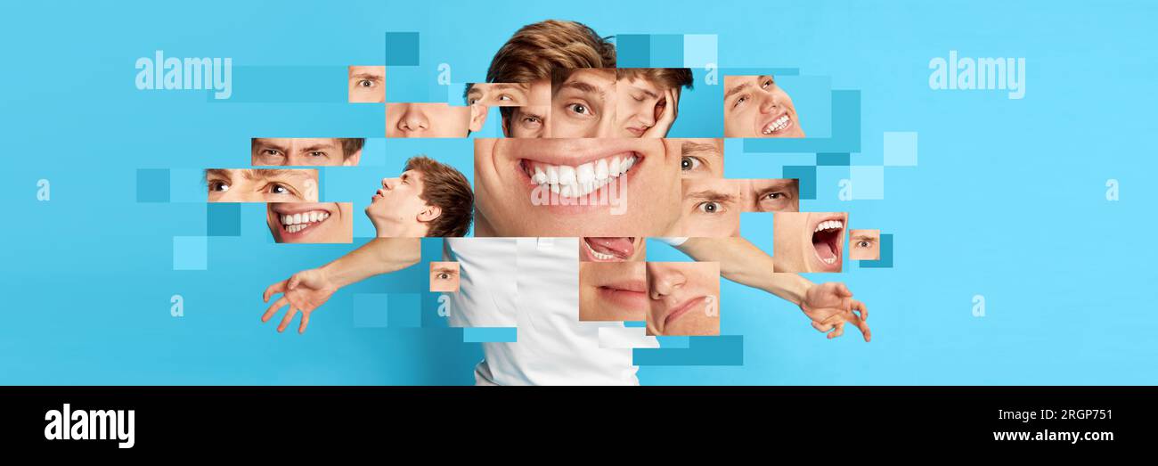 Young guy expressing different emotions of happiness, anger, shock ...