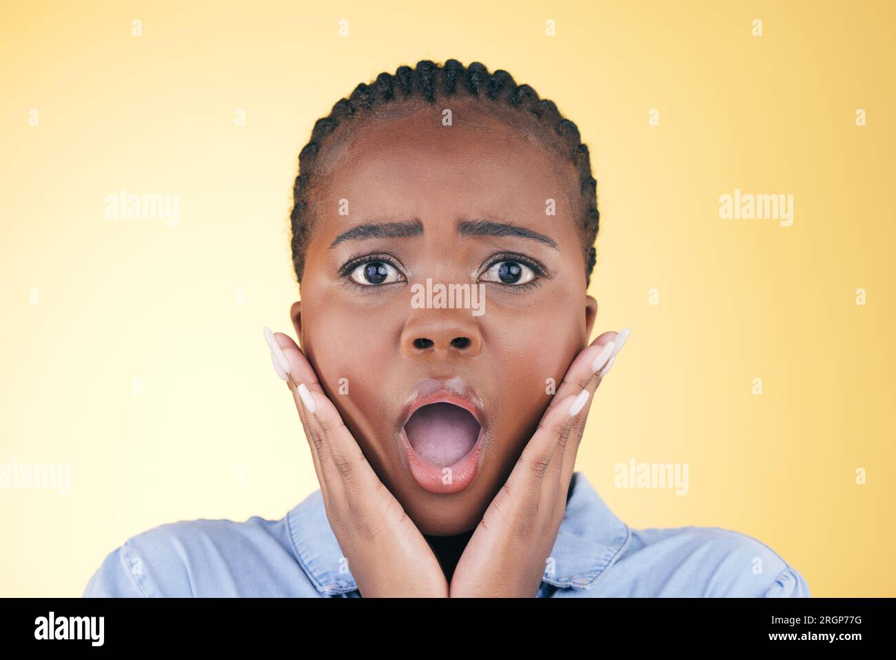 Black woman, face and alarm, shock and emoji with facial expression ...