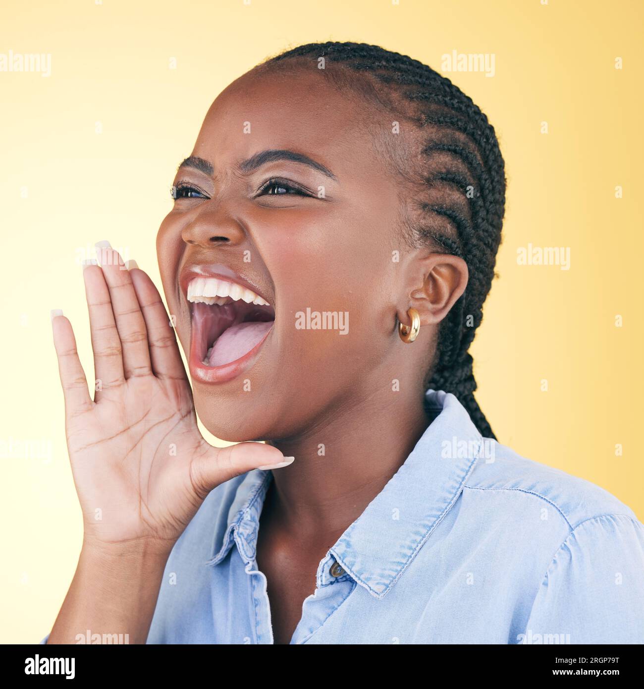 Shouting, announcement black woman in studio with motivation and voice ...