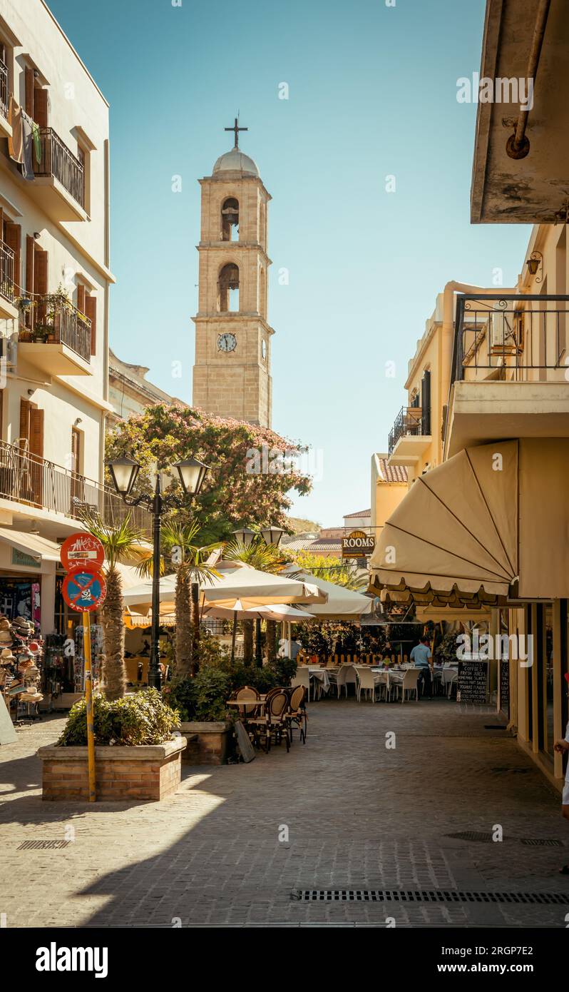 narrow street that leads to Greek Orthodox cathedral in Chania, Crete ...