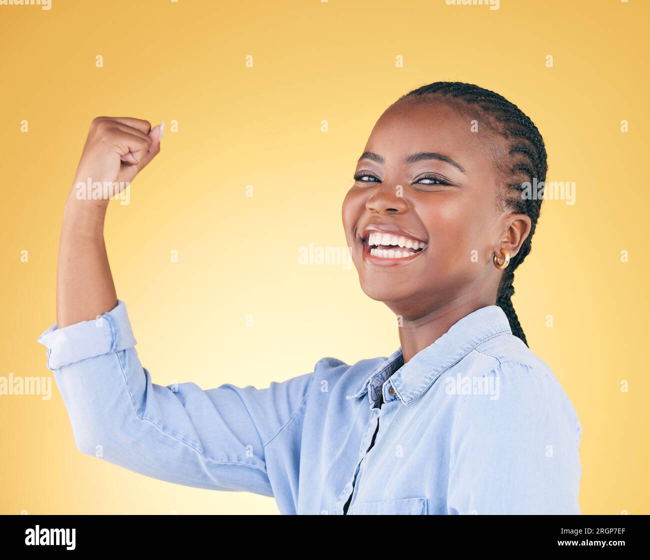 Portrait, strong and black woman flex for power, achievement and ...