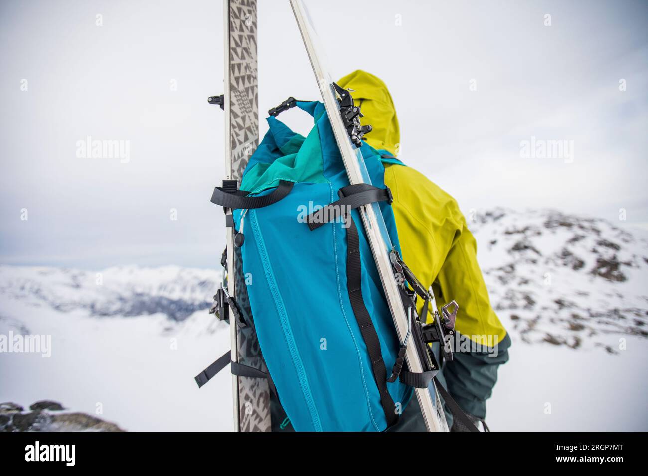 Close up detail rear view of skis attached to backpack Stock Photo - Alamy