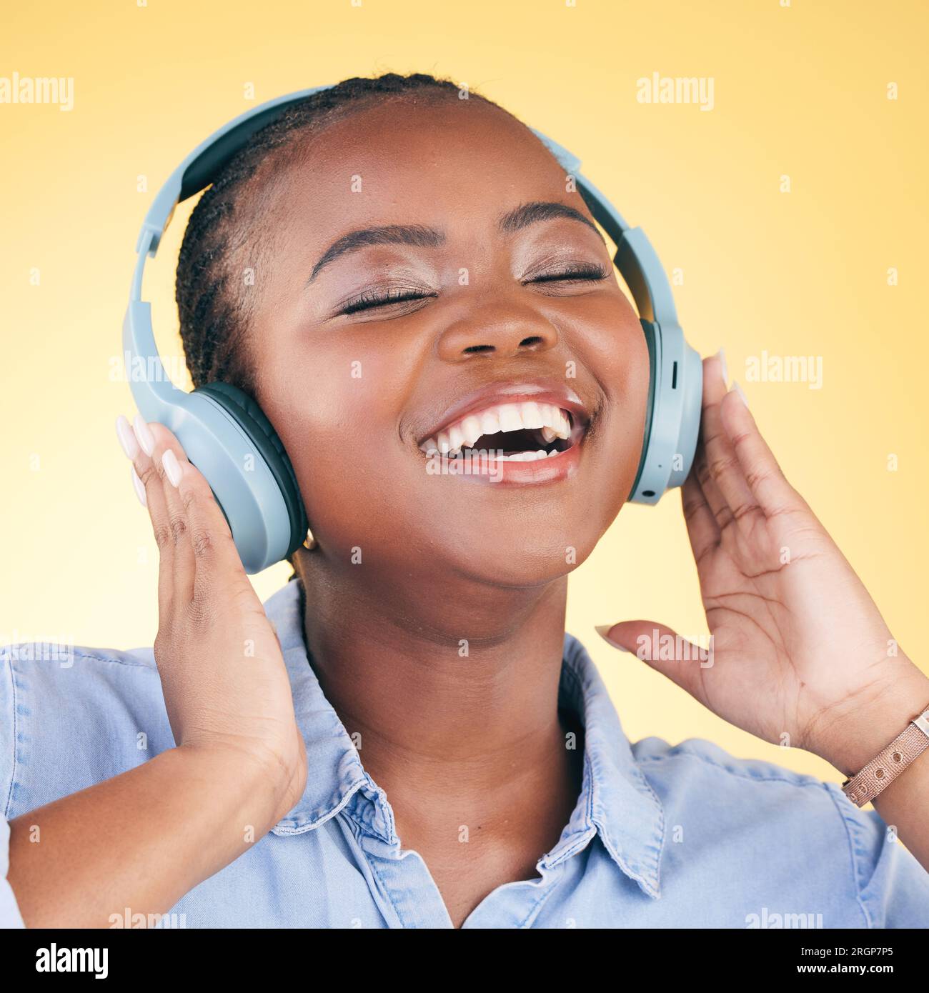 Singing, music and black woman on headphones, smile and listening in ...