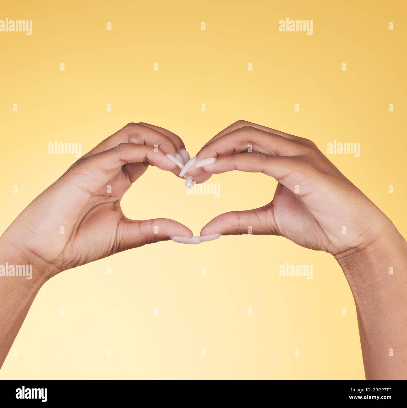 Woman, heart hands and symbol for love, support or care in trust ...