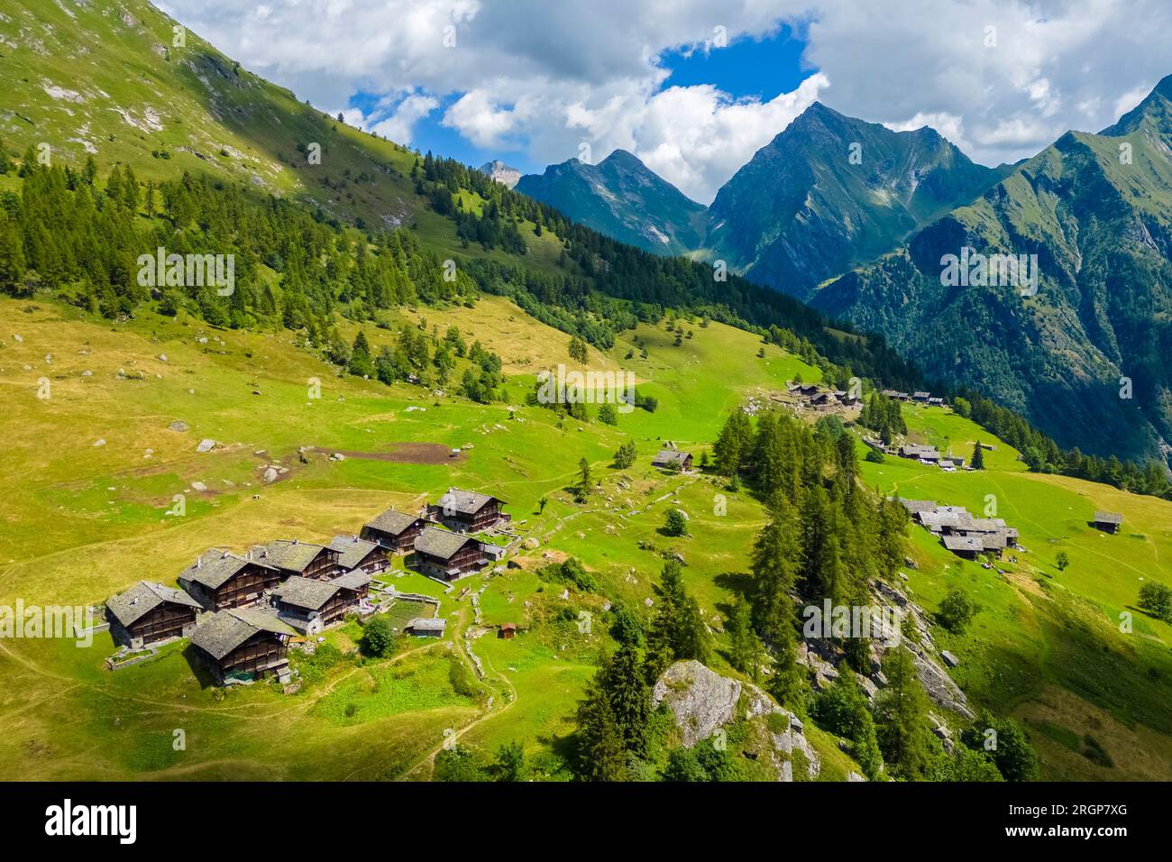 Aerial view of walser huts in Alpe Otro. Alagna, Valsesia, Vercelli ...