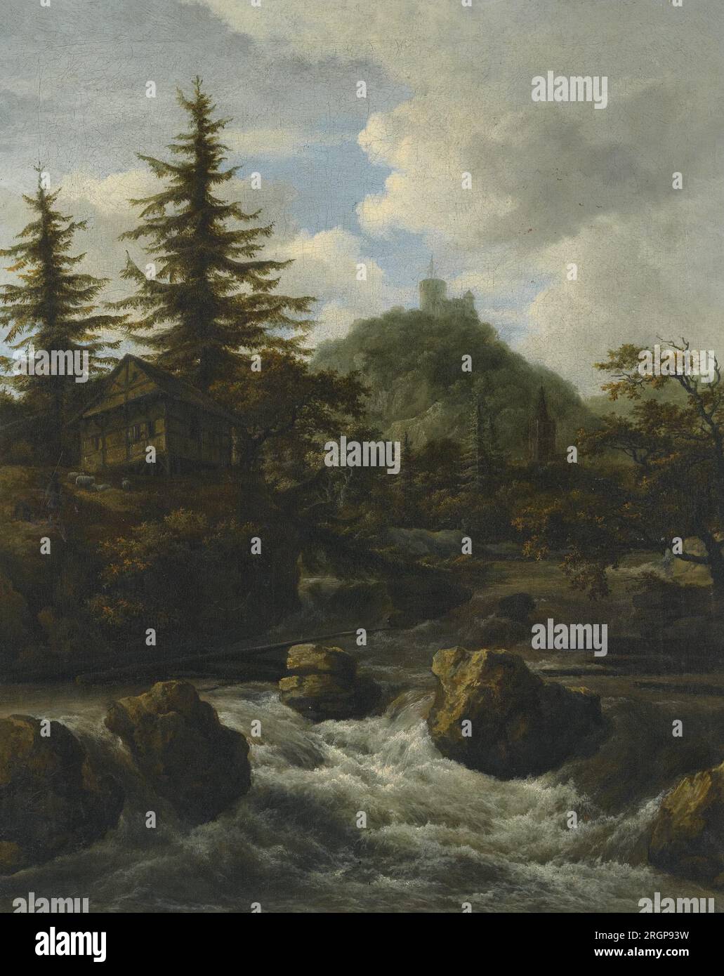 Mountainous landscape with a waterfall, a cottage, and a castle 1660s ...