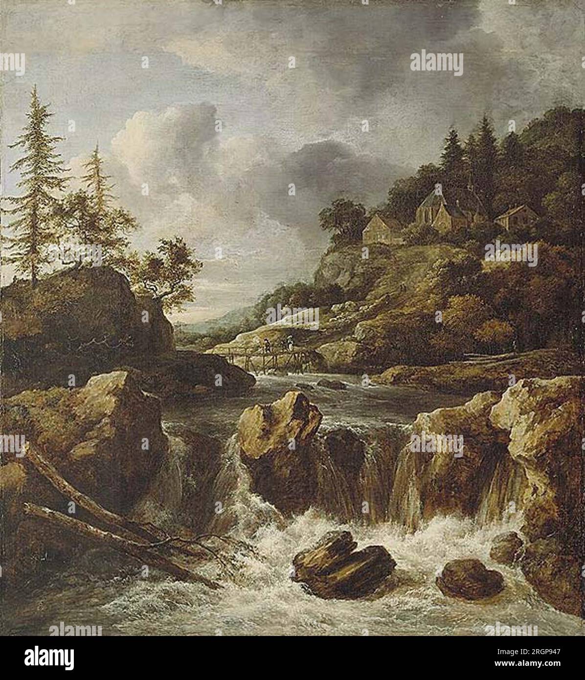 A Waterfall with village, footbridge and pine trees between circa 1660 ...