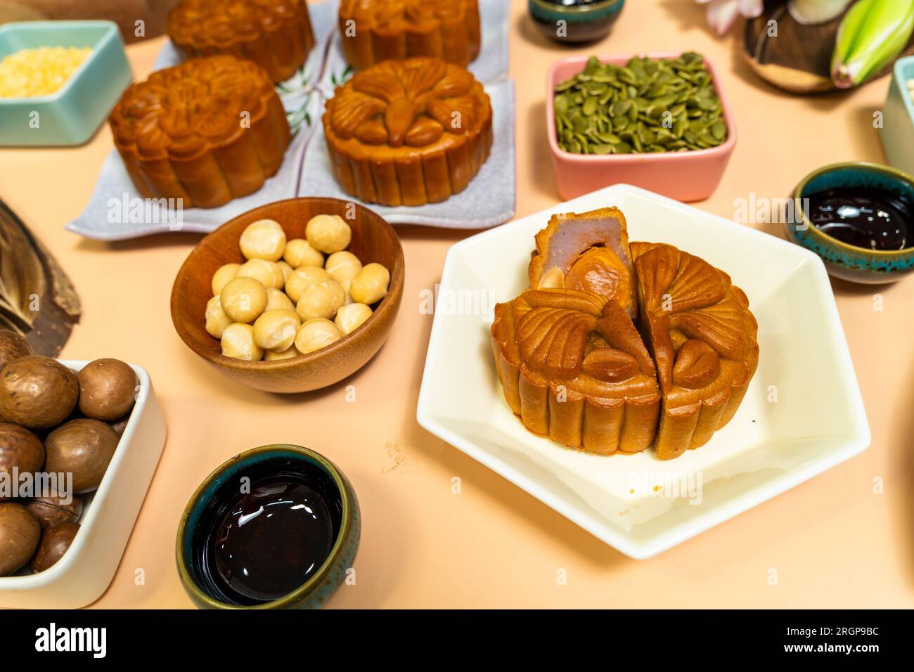 a tasty round moon cakes at mid autumn festival. Flat lay mid autumn ...