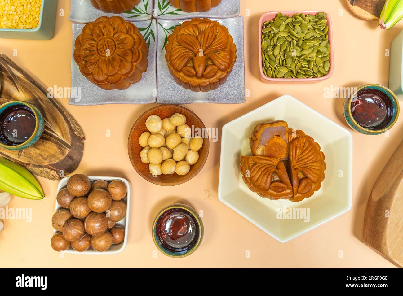 a tasty round moon cakes at mid autumn festival. Flat lay mid autumn ...