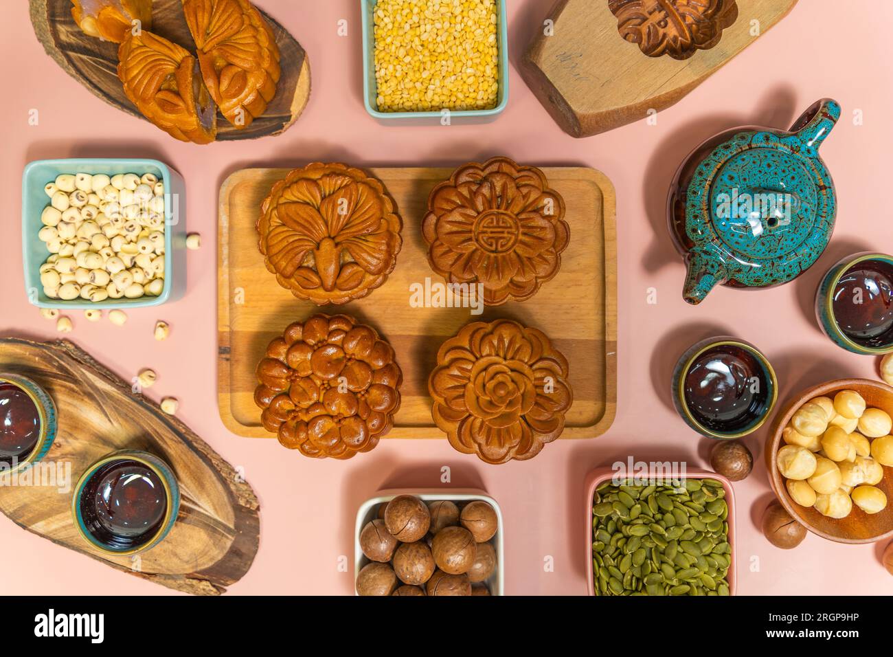 a tasty round moon cakes at mid autumn festival. Flat lay mid autumn ...