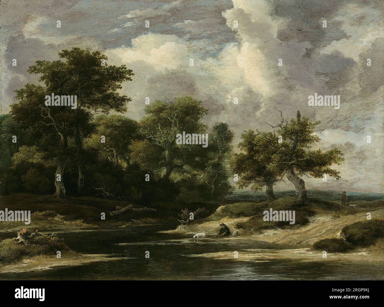 A wooded river landscape with a traveller and dog circa 1650s by Jacob ...