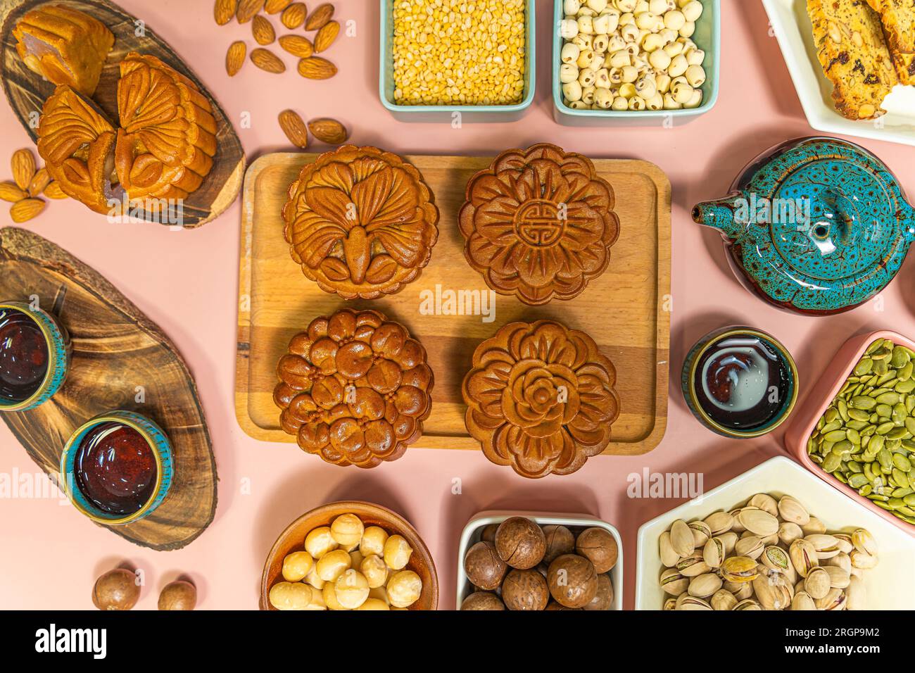 a tasty round moon cakes at mid autumn festival. Flat lay mid autumn ...