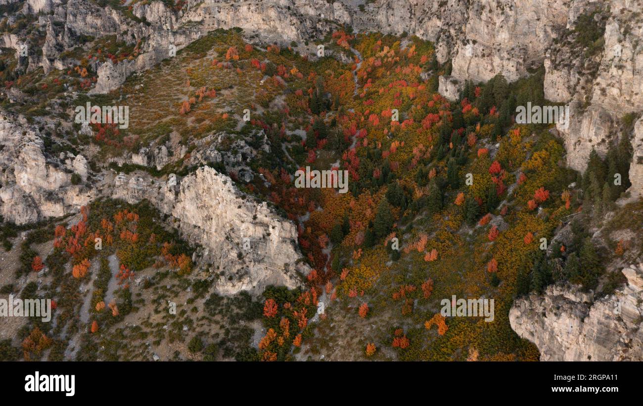 Fall colors in mountain cliffs from above drone shot landscape Stock ...