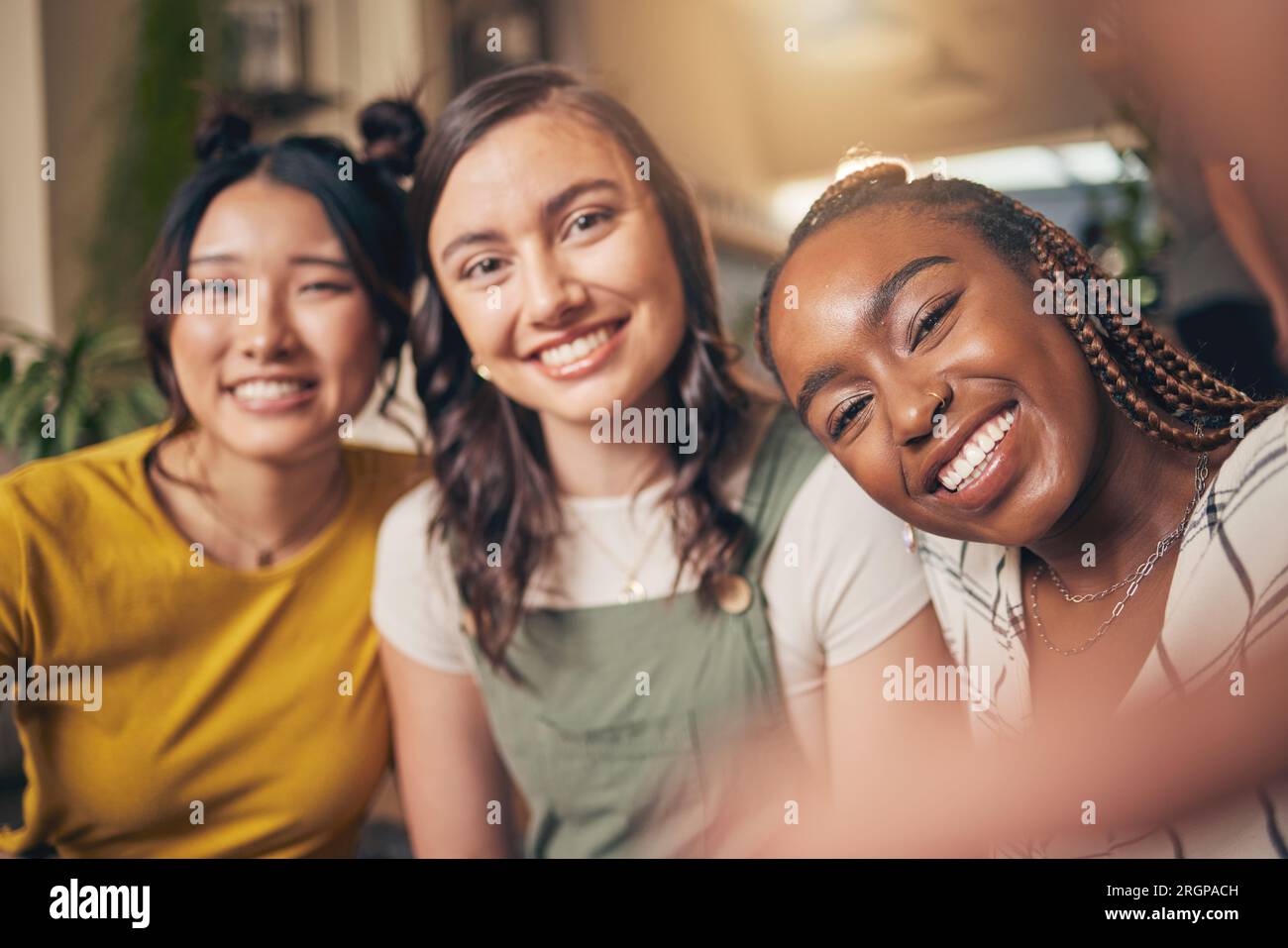 Diversity, friends and happy with women and selfie for social media ...