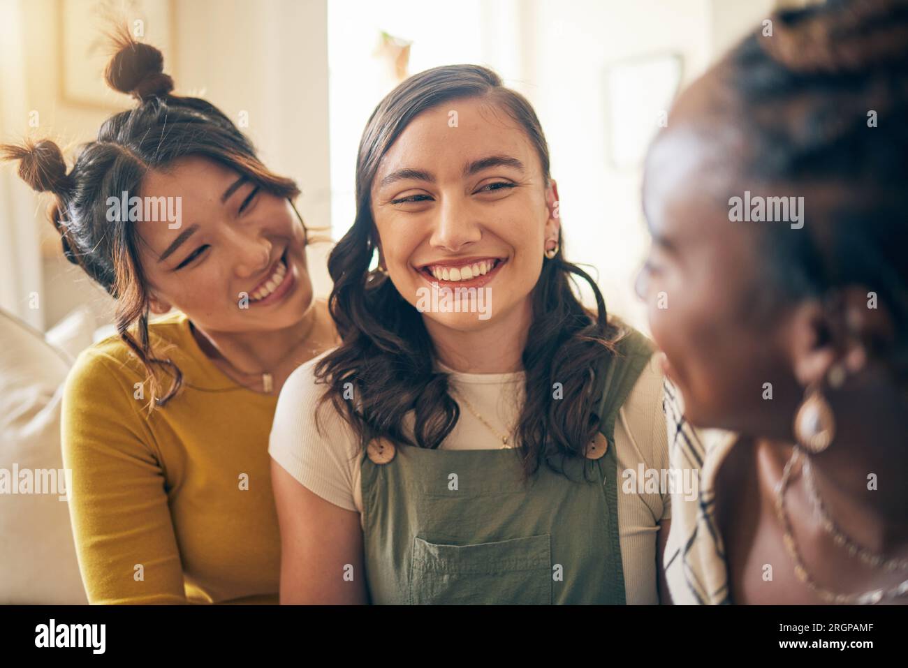 Girl friends, happy conversation and home with care, bonding or ...