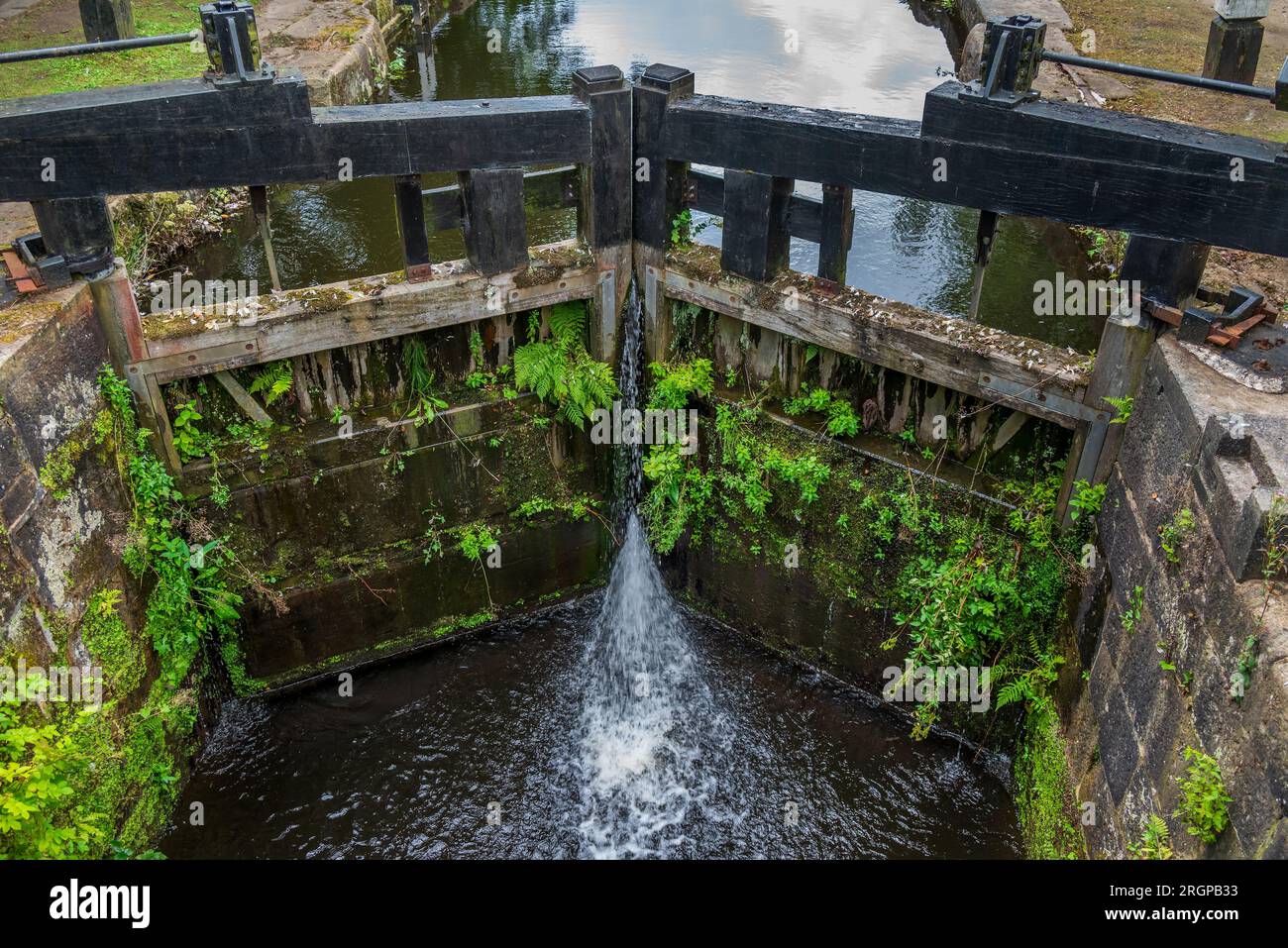 Weed covered lock gates on the Rochdale canal at Hebden Bridge Stock ...