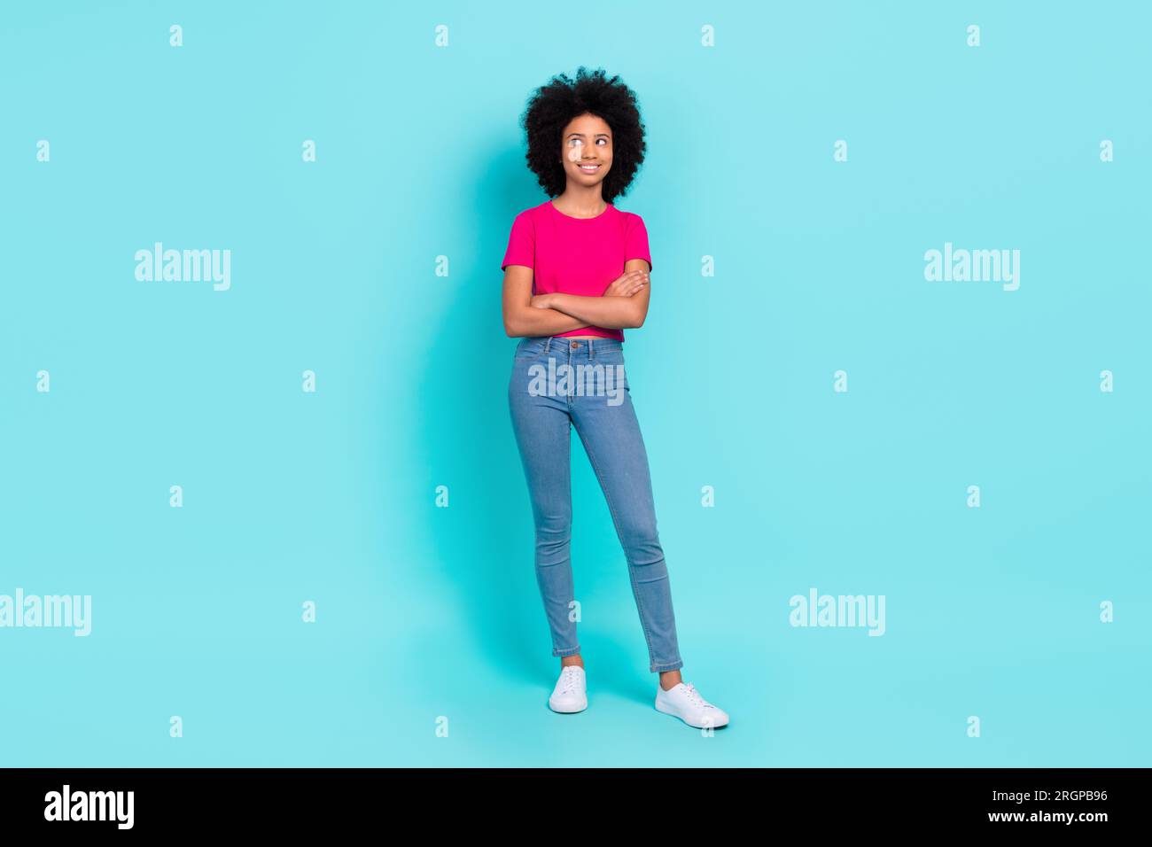 Full body portrait of cute positive minded girl folded hands look ...