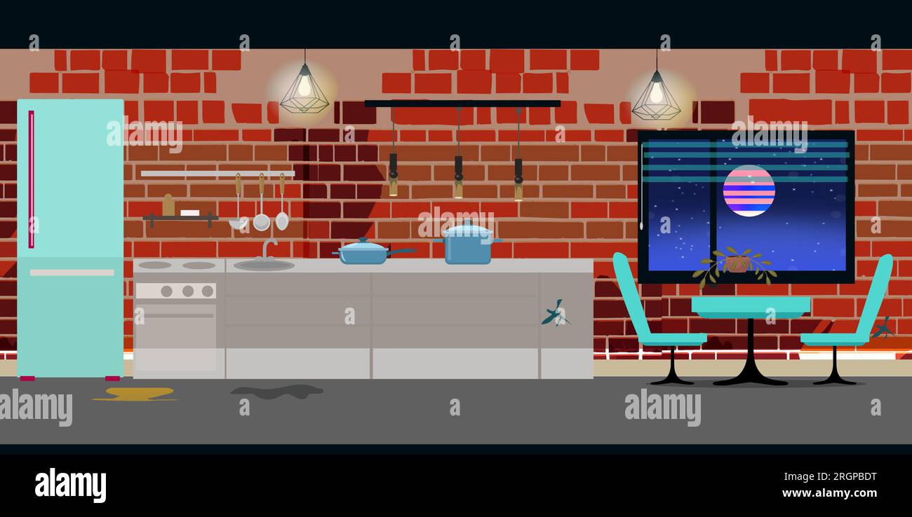 Kitchen in an old dirty apartment. brick wall, table, refrigerator. For ...