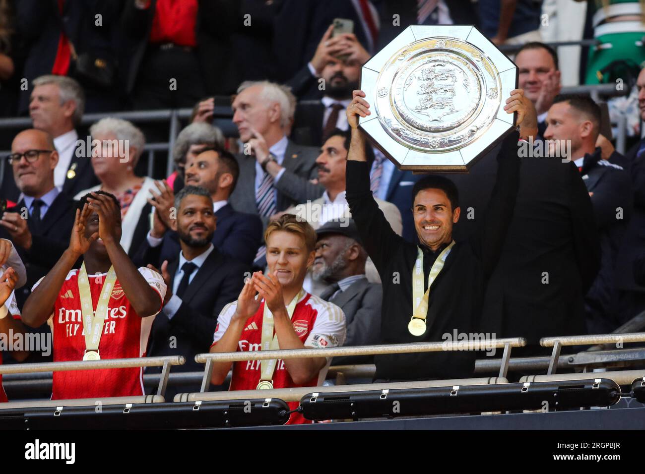 Manager of Arsenal, Mikel Arteta celebrates with the FA Community ...