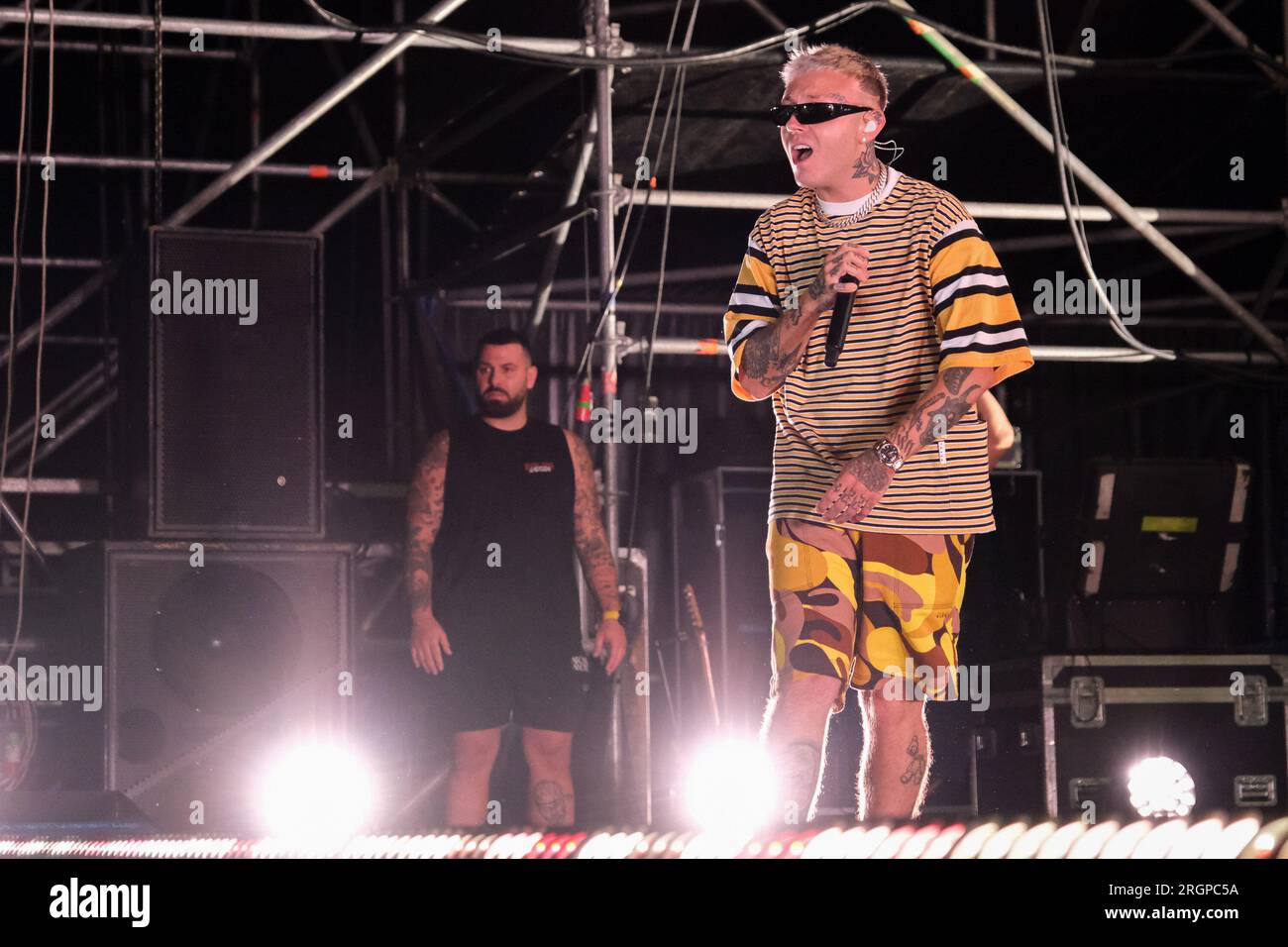 Italian rapper Jacopo Lazzarini, aka Lazza performs on stage during the ...