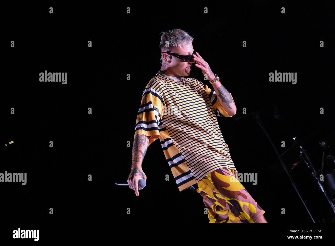Italian rapper Jacopo Lazzarini, aka Lazza performs on stage during the ...