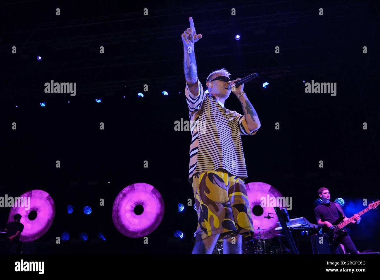 Italian rapper Jacopo Lazzarini, aka Lazza performs on stage during the ...